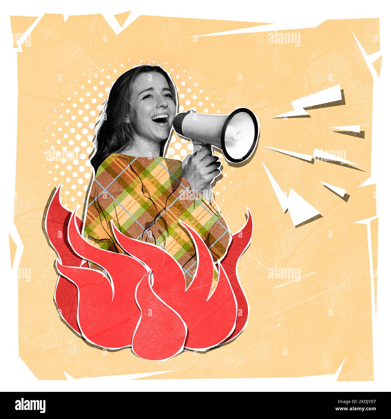 Contemporary art collage. Young woman shouting in megaphone, expressing ...