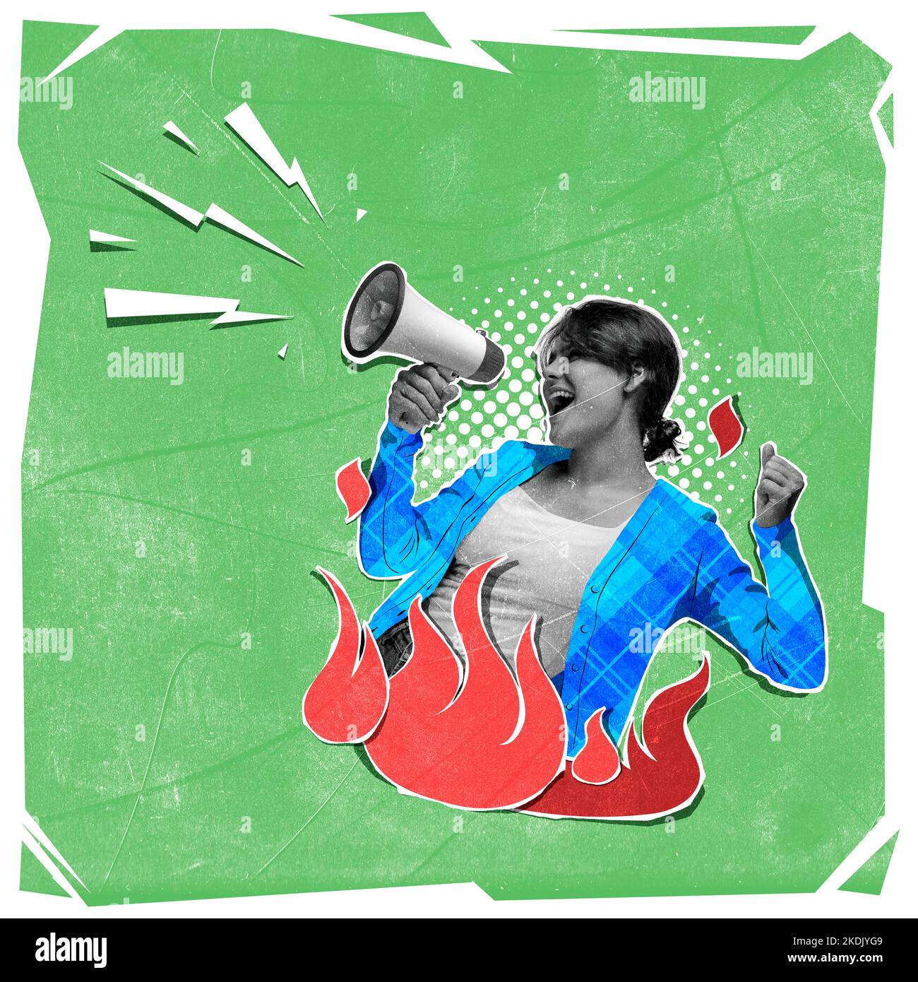 Contemporary art collage. Young woman talking in megaphone with winning ...