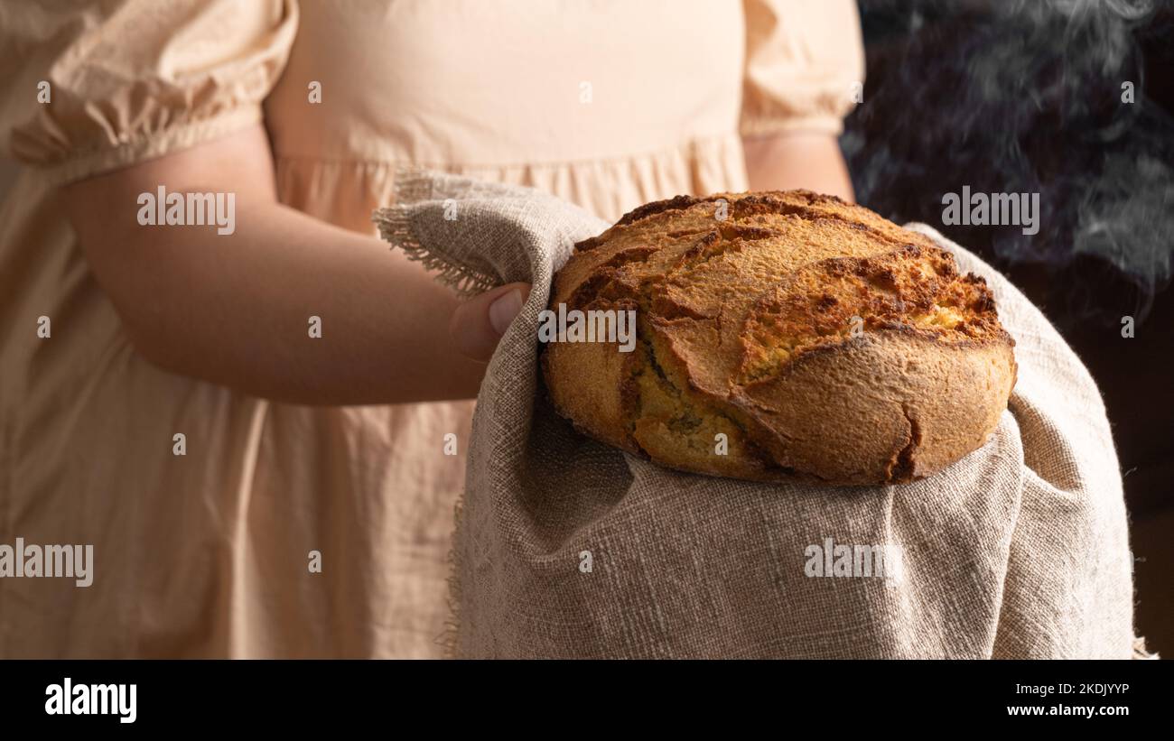 Female hands with fresh Traditional Portuguese Corn Bread Stock Photo ...
