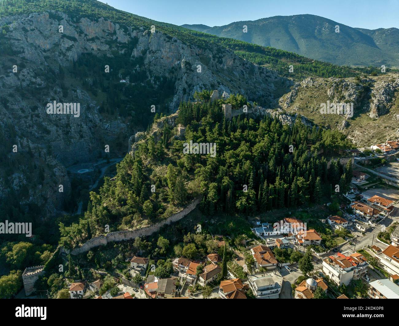 Aerial view of medieval ruined crusader Livadia castle in Central ...