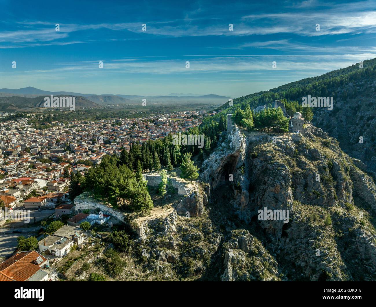 Aerial view of medieval ruined crusader Livadia castle in Central ...