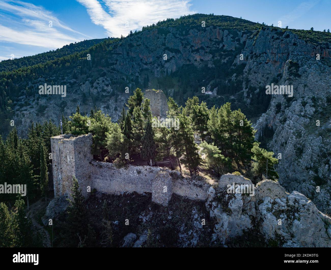 Aerial view of medieval ruined crusader Livadia castle in Central ...