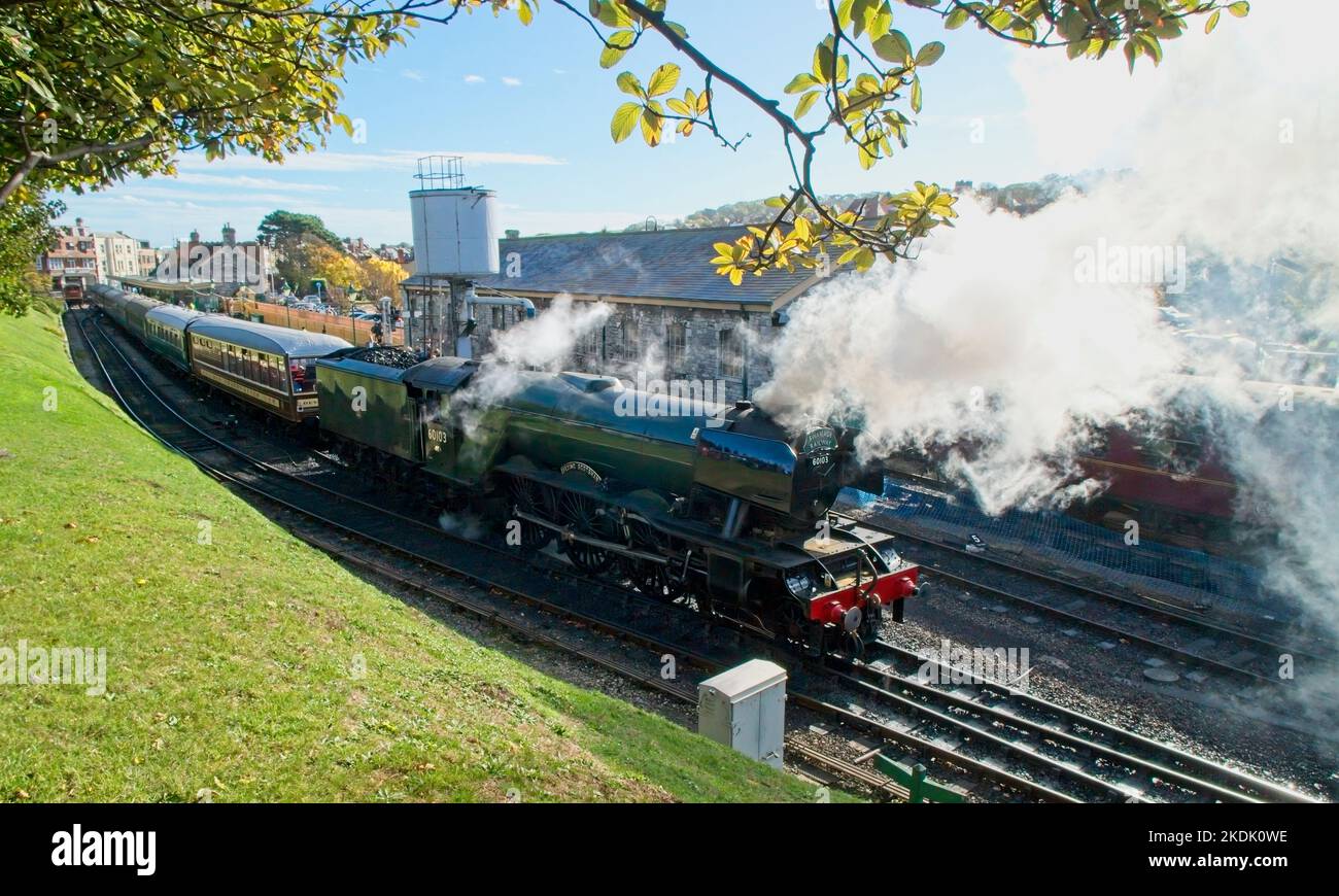 Famous steam train Flying Scotsman at Swanage during 100th anniversary tour of UK Stock Photo ...