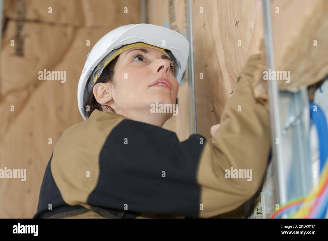 female builder putting insulation wall Stock Photo - Alamy
