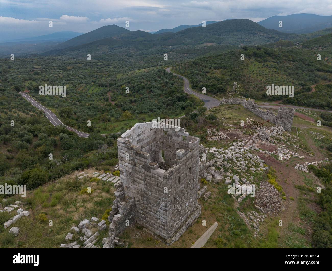 Aerial view of the walls and towers and Arcadian gate of ancient ...
