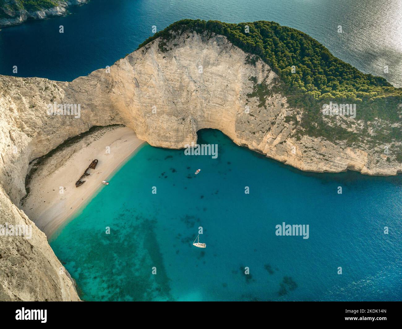 Aerial view of world famous calendar perfect Navagio ship wreck beach ...