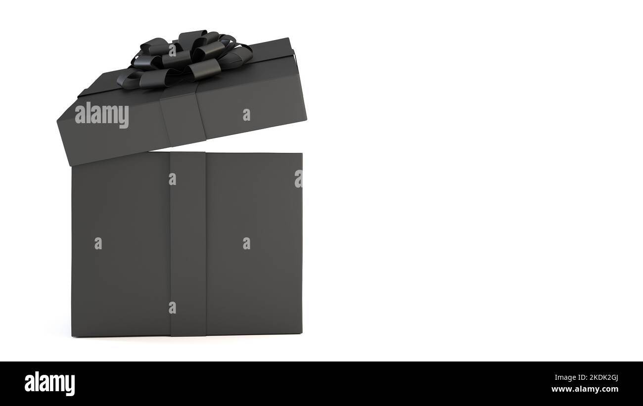 Open black gift box with black ribbon and bow isolated on white ...