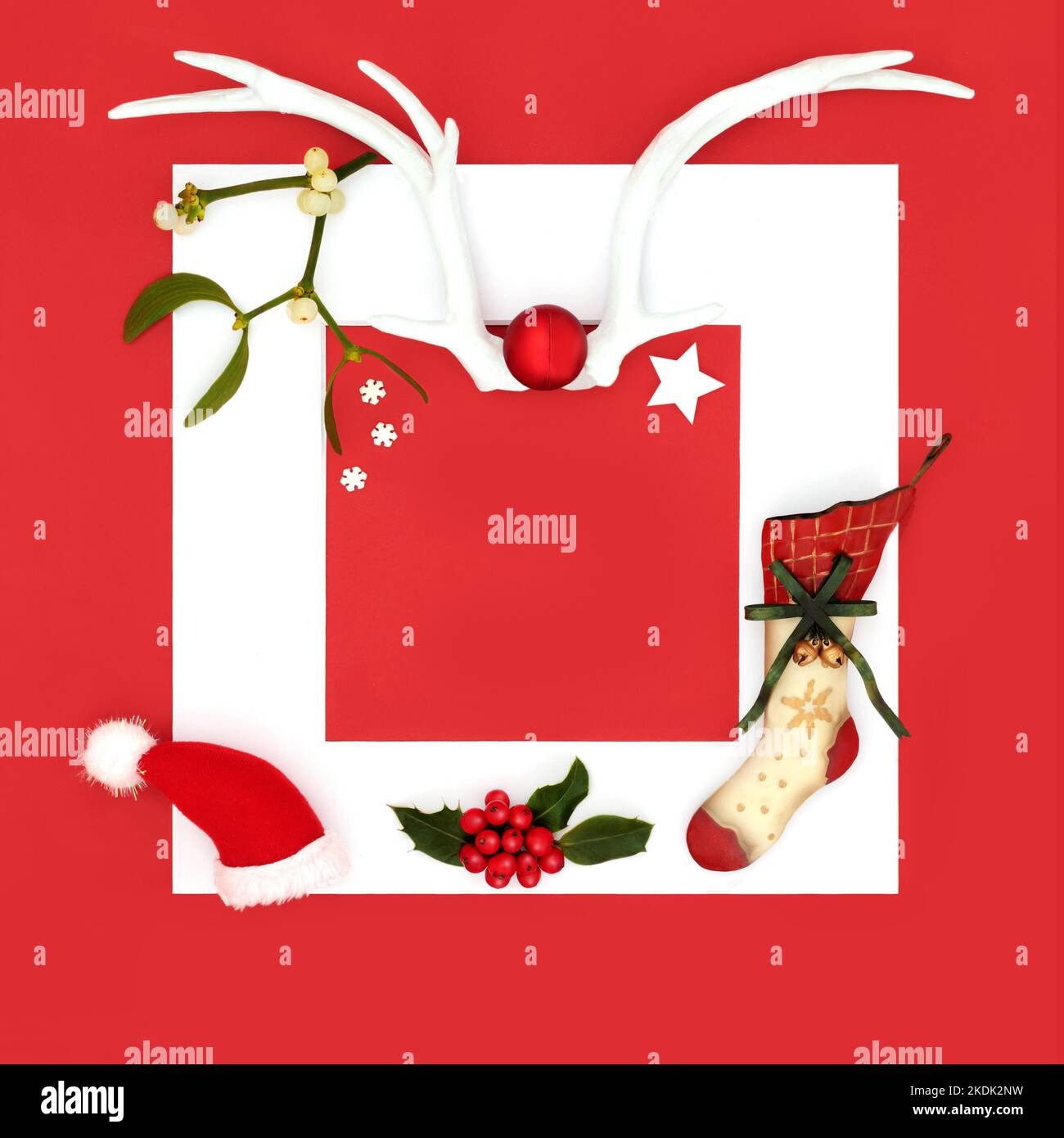 Christmas ornaments, flora and symbols background with reindeer antlers ...