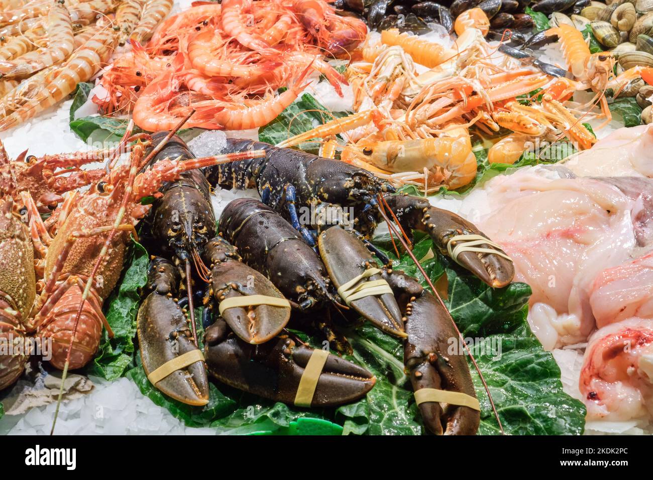 Different kinds of crustaceans for sale at a market in Barcelona Stock ...