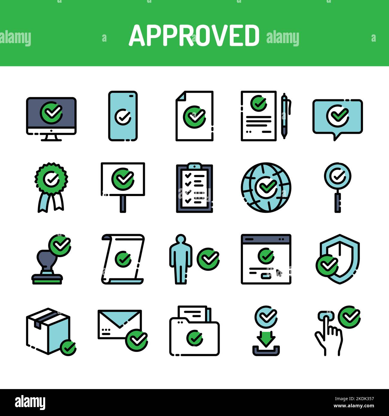 Approved elements color line icons set. Check marks, ticks collection ...