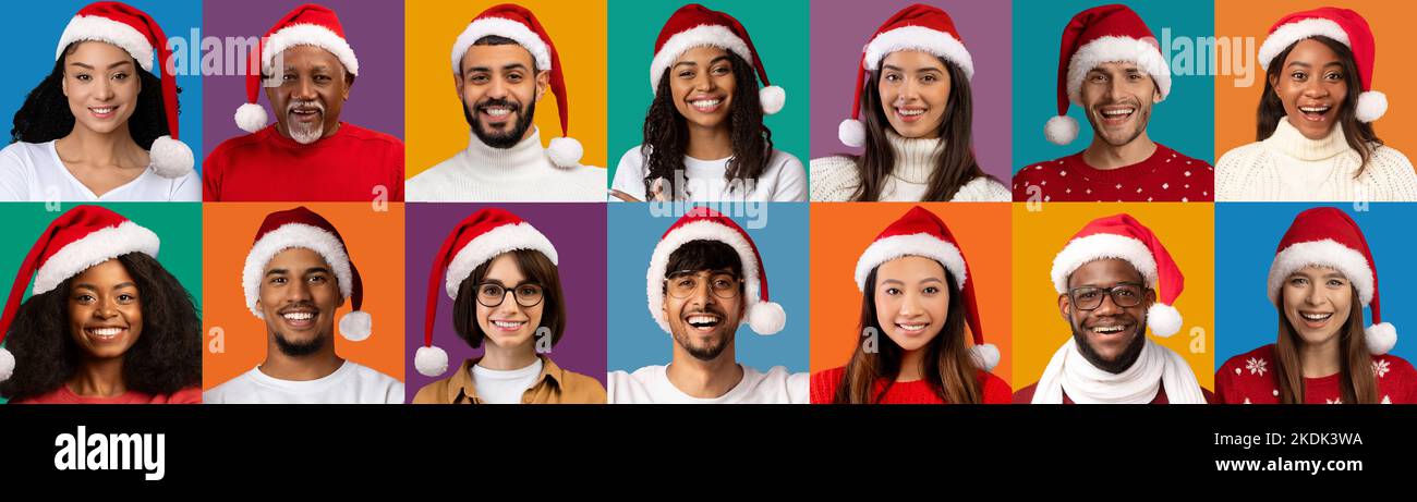 Set of happy multiethnic people enjoying Christmas party, collage Stock ...