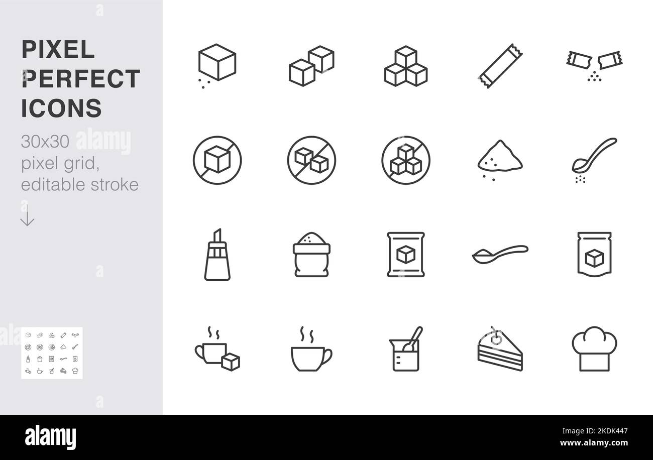 Sugar line icon set. Sweetener, powder, glucose, pouch, sachet, soluble ...