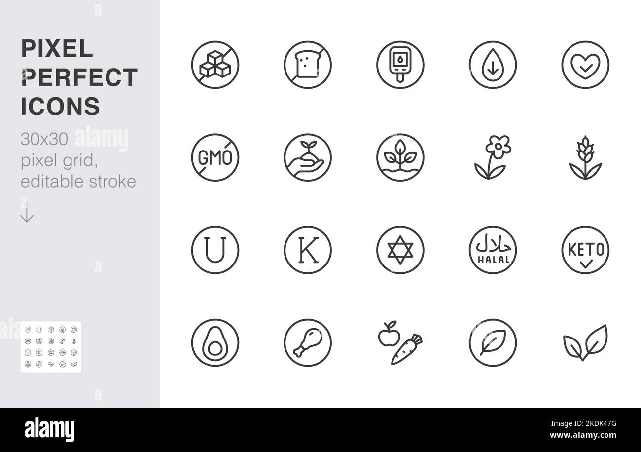 Food diet line icon set. Halal, sustainable, local paleo nutrition ...