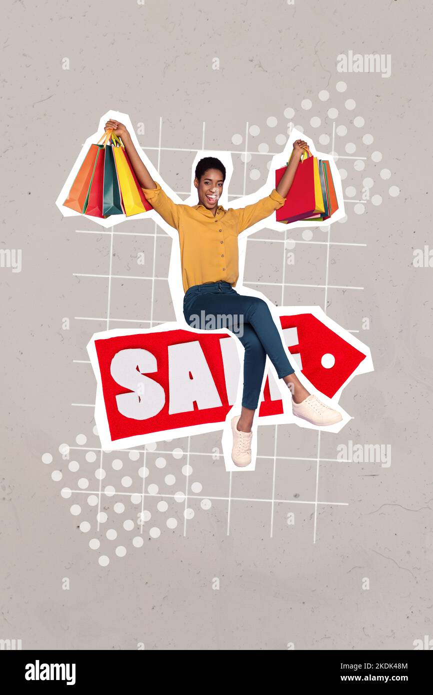 Vertical collage picture of excited person sitting sale advert hands ...