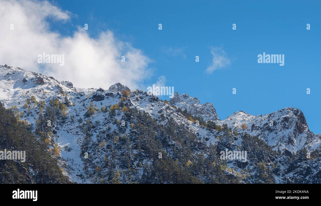 journey by Irkis valley, Arkhyz, Karachay-Cherkessia, North Caucasus. snowy mountain valley with ...