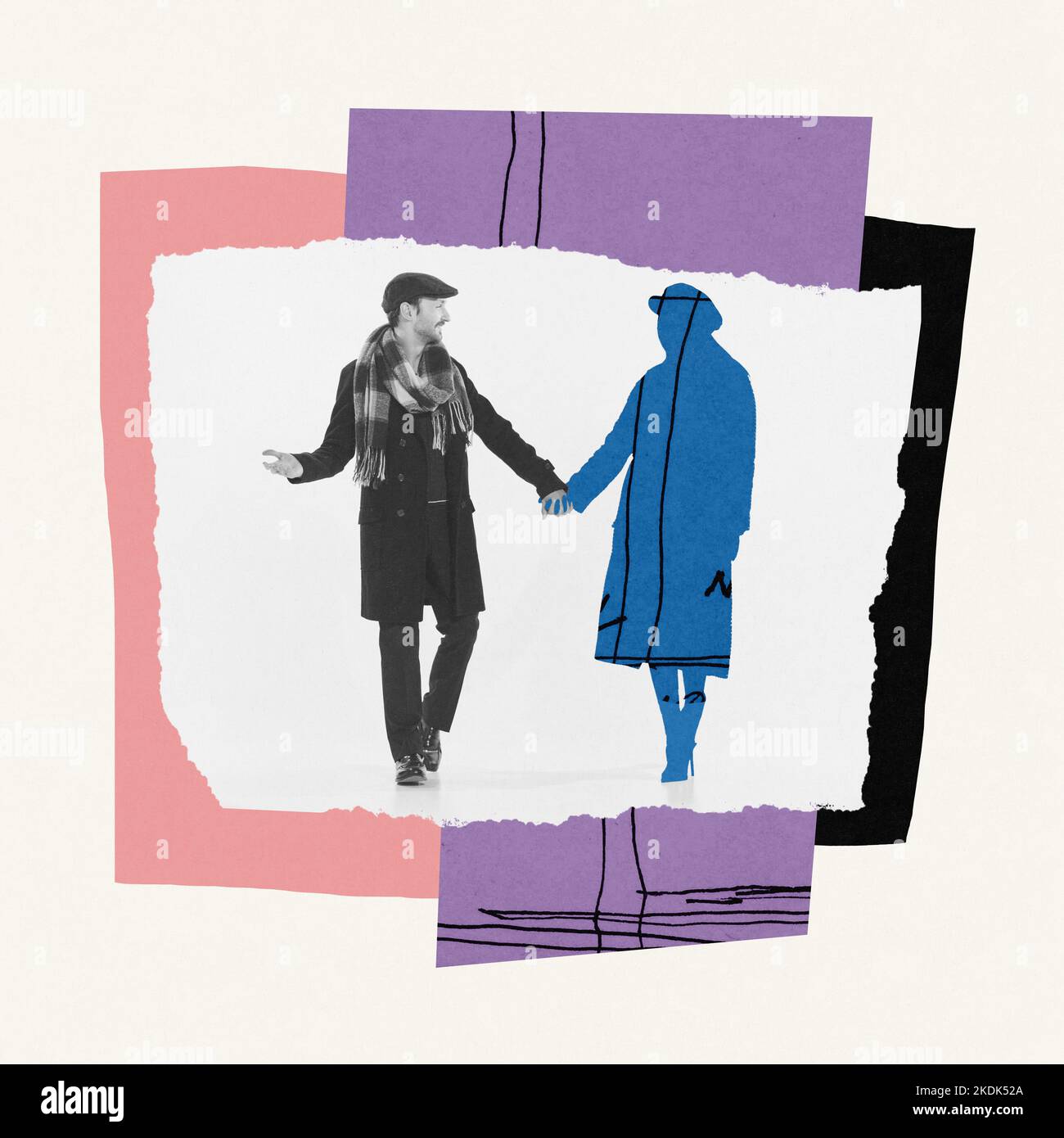 Contemporary art collage. Portrait of young man walking with female ...