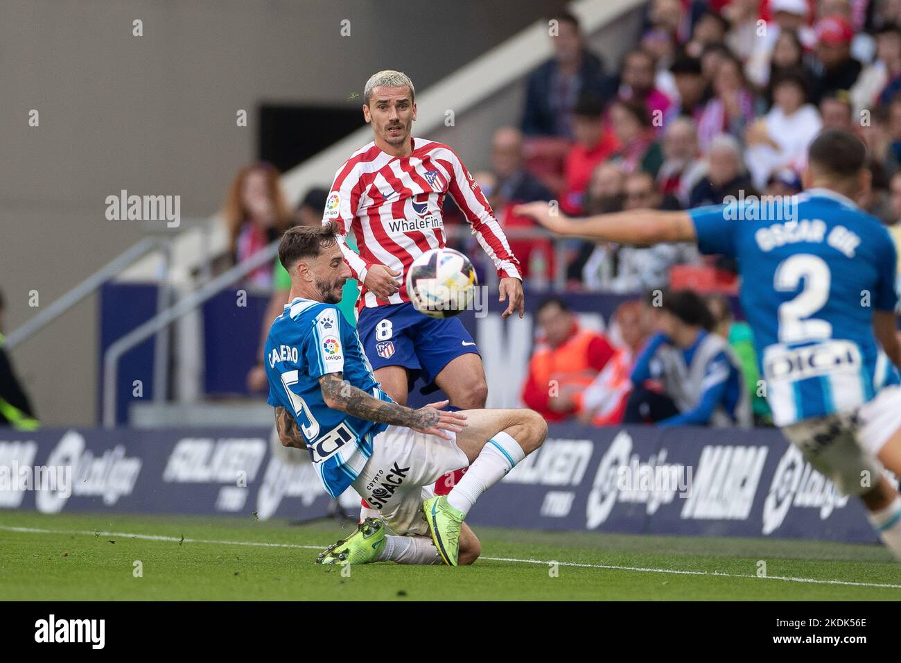 Antoine Griezmann of Atletico de Madrid and Fernando Calero of RCD ...