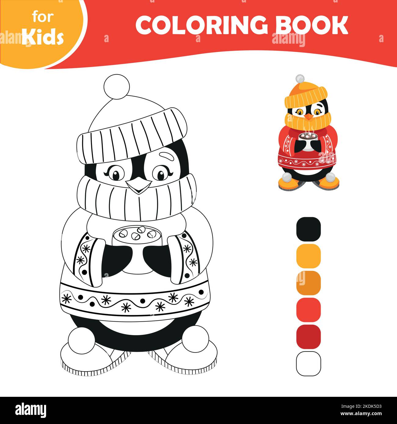 Cute penguin in a sweater with a cup of cocoa. Coloring book for ...