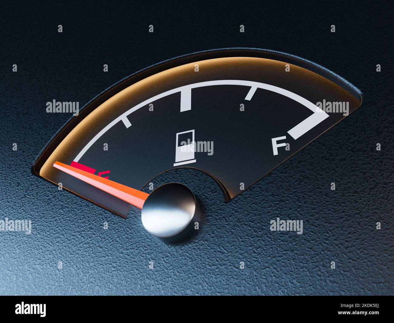 A closeup of a petrol gas gage showing the needle at empty on a dark ...