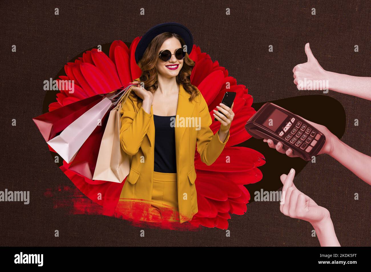 Creative photo 3d collage artwork of stylish girl pay clothes human arm ...