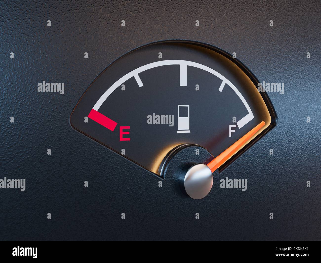 A closeup of a petrol gas gage showing the needle at full on a dark ...
