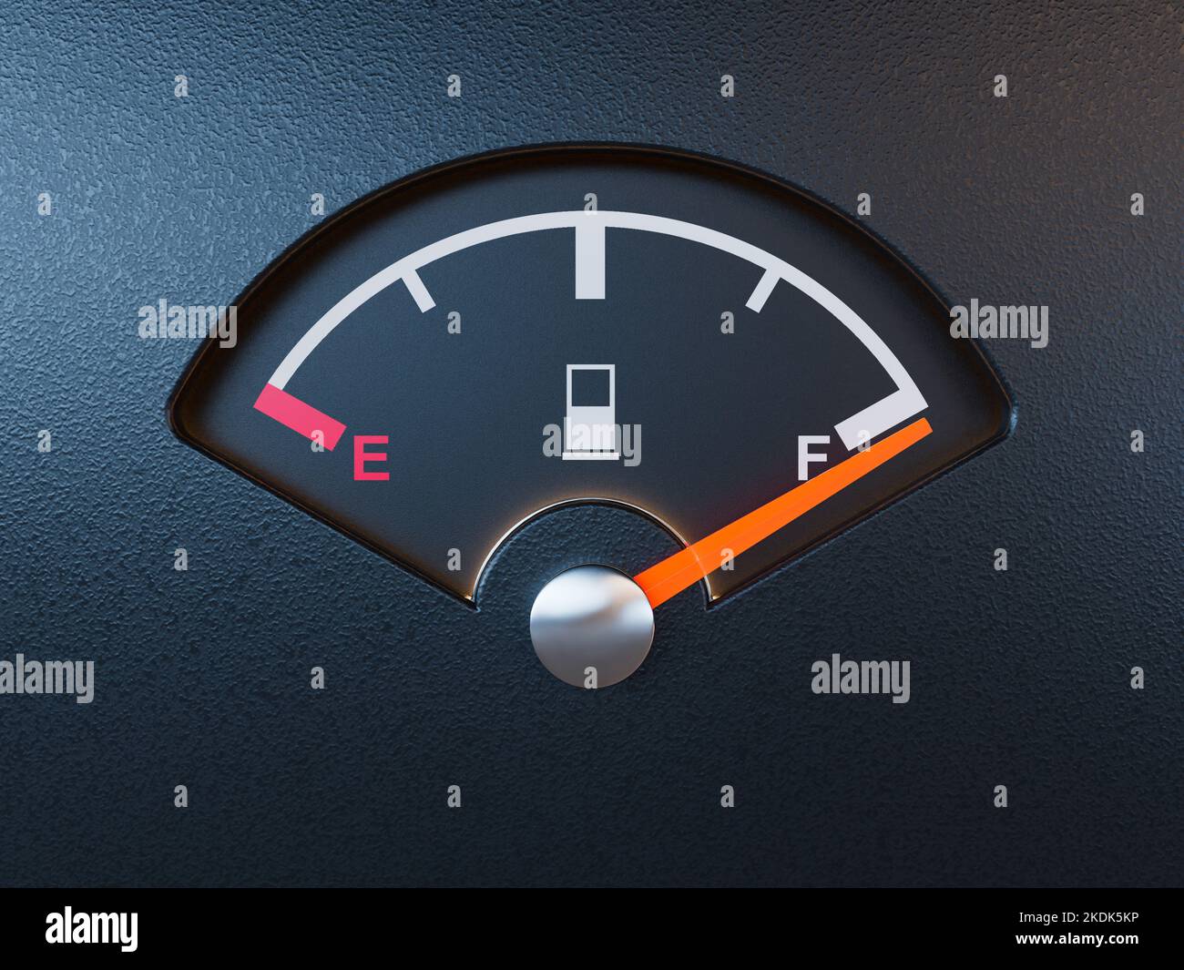 A closeup of a petrol gas gage showing the needle at full on a dark ...