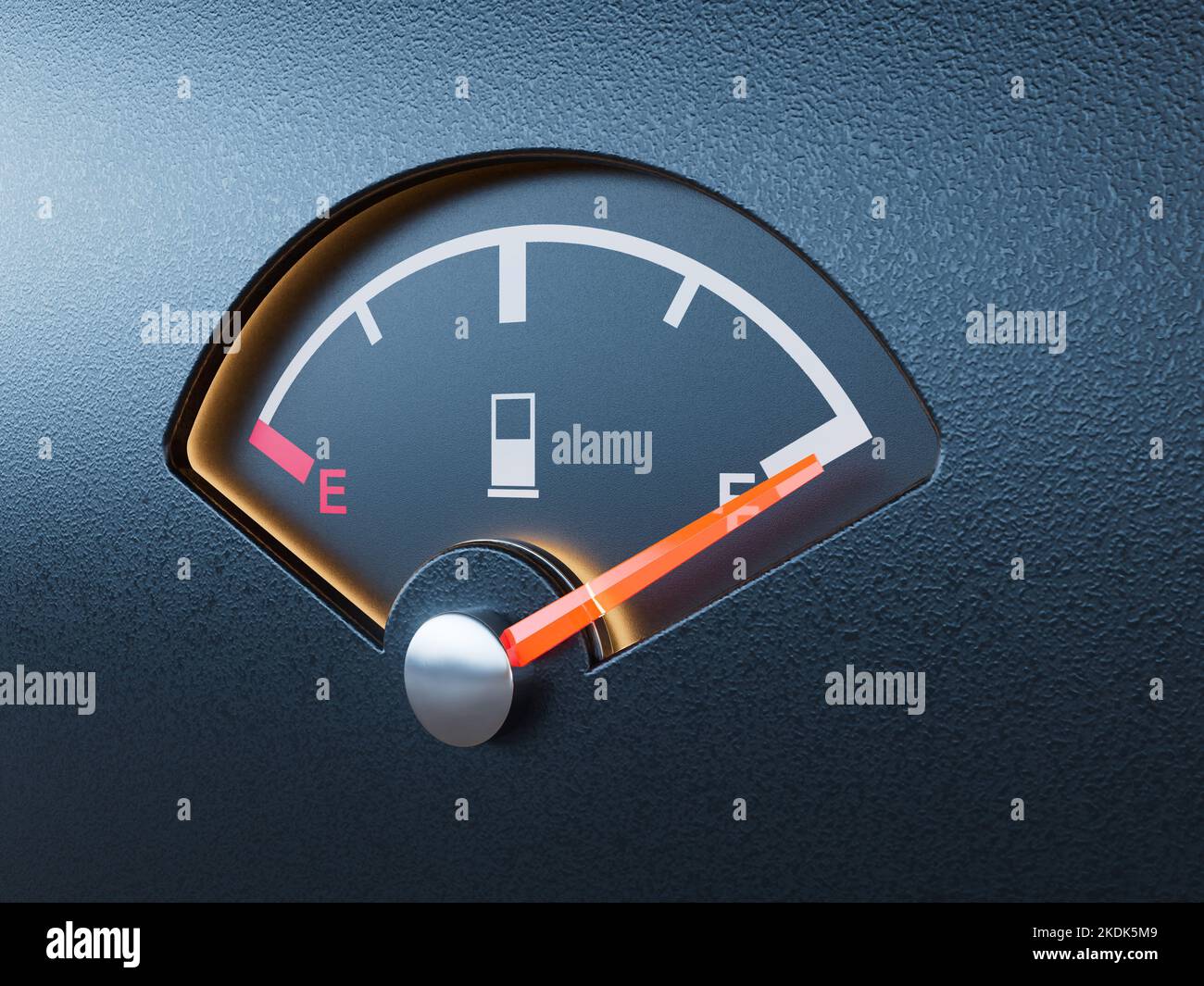 A closeup of a petrol gas gage showing the needle at full on a dark ...