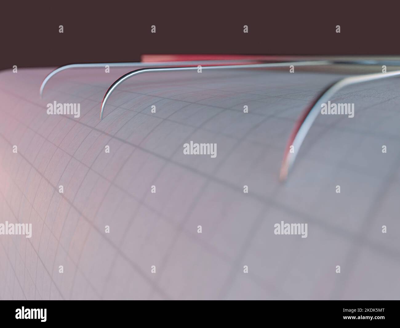 A closeup of seismograph machine needles on graph paper depicting ...