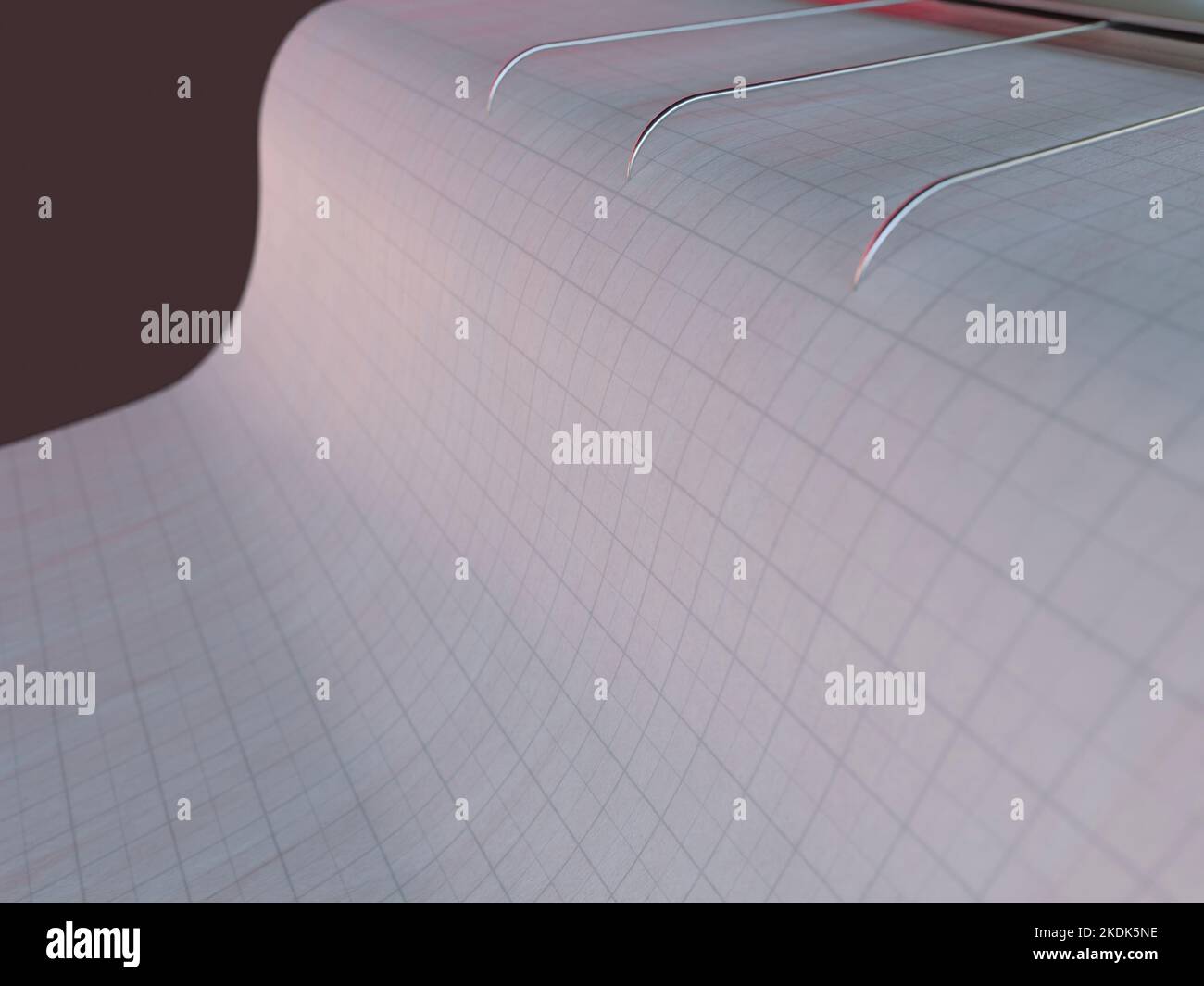 A closeup of seismograph machine needles on graph paper depicting ...