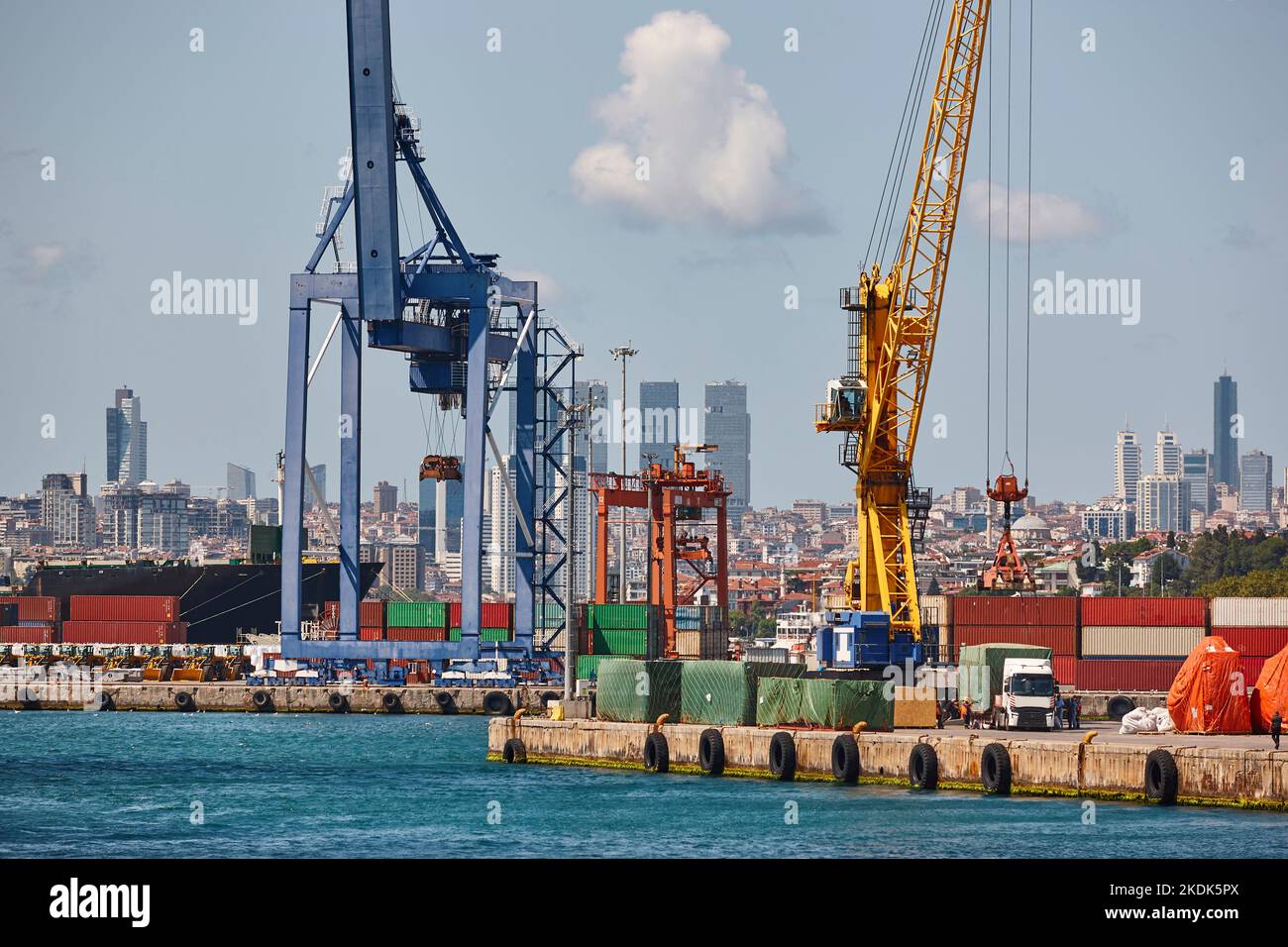 Cranes at comercial seaport. Bosphorus strait in Istanbul. Turkey Stock ...