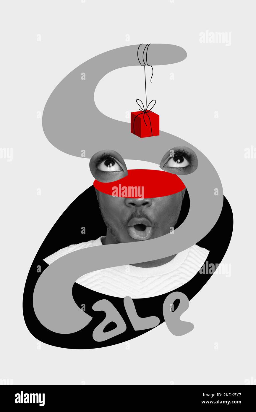 Creative photo 3d collage artwork banner of funny person interested buy ...