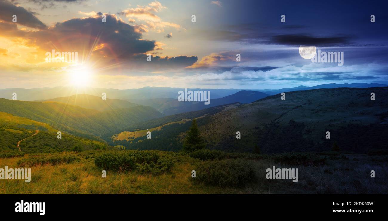 view in to the mountain valley at twilight. day and night time change ...