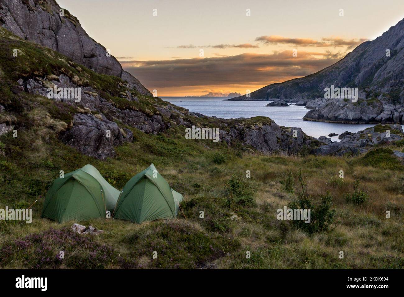 two green Tents at beautiful Landscape on Lofoten Islands nusfjord in ...