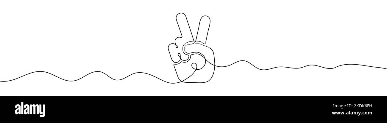 Continuous line drawing of victory sign. Hand shows victory sign. One ...