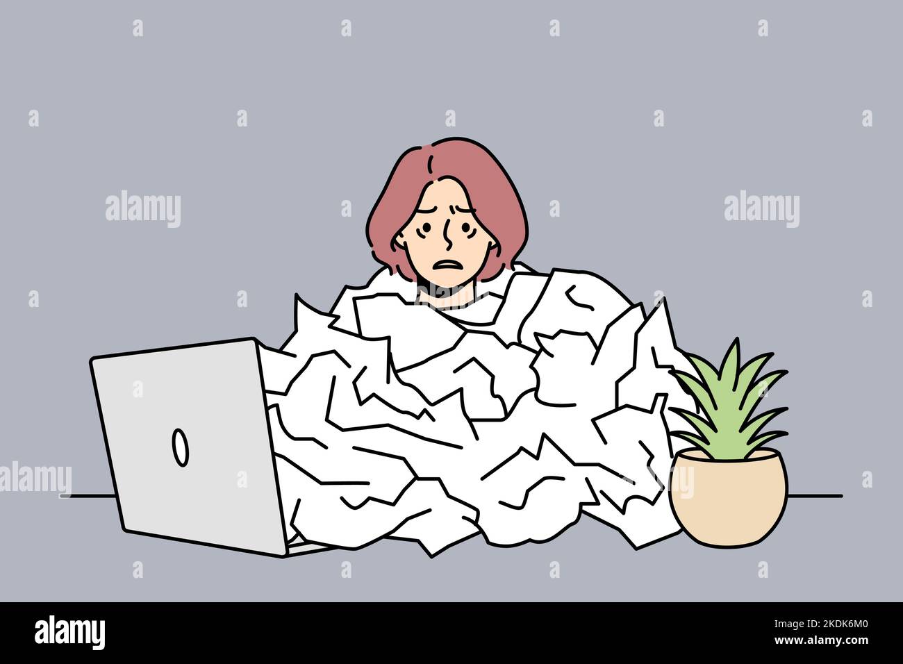 Tired female employee under paper pile overwhelmed with work in office ...