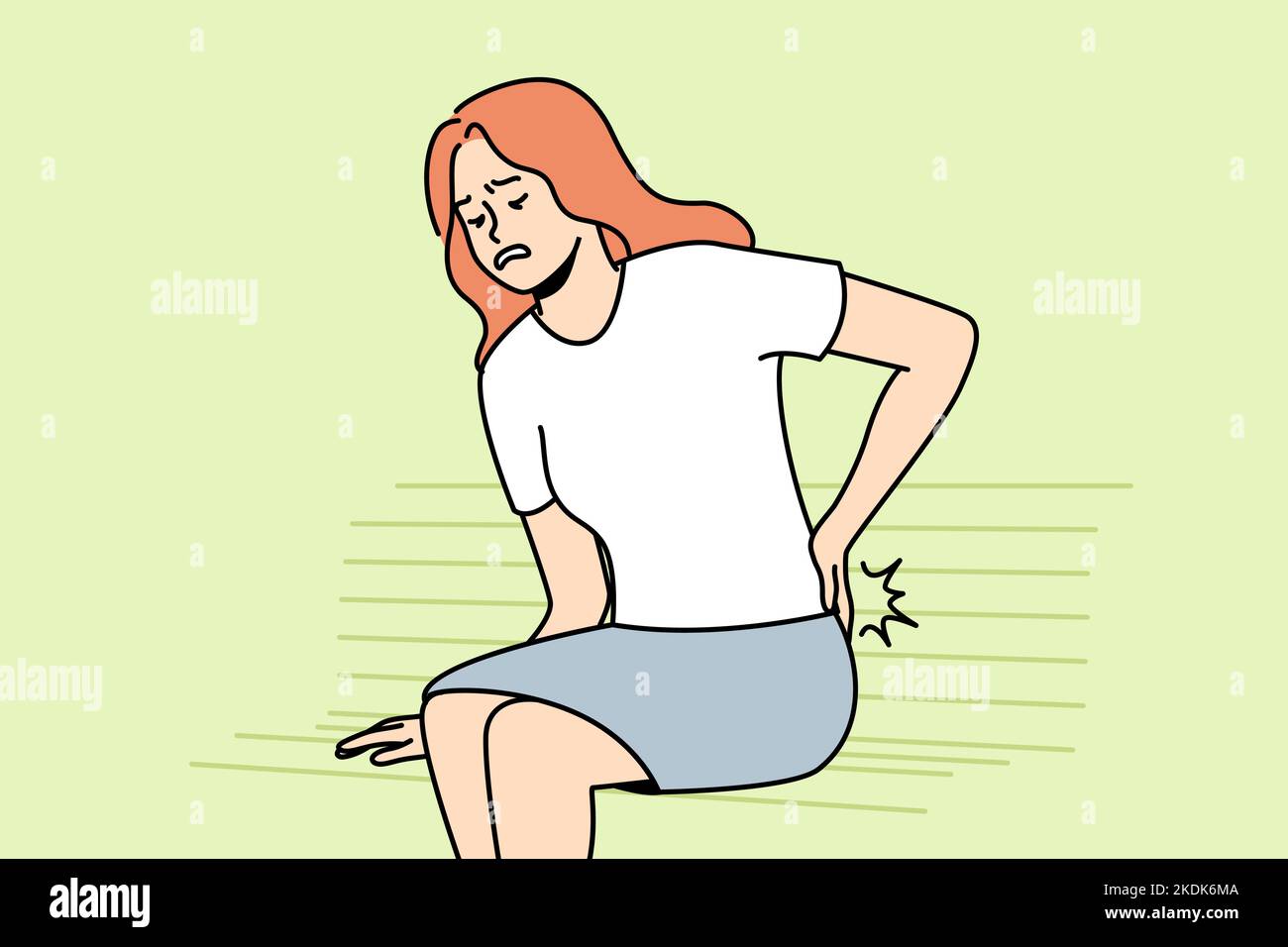 Unwell young woman sit on bench struggle with backache. Unhealthy ...