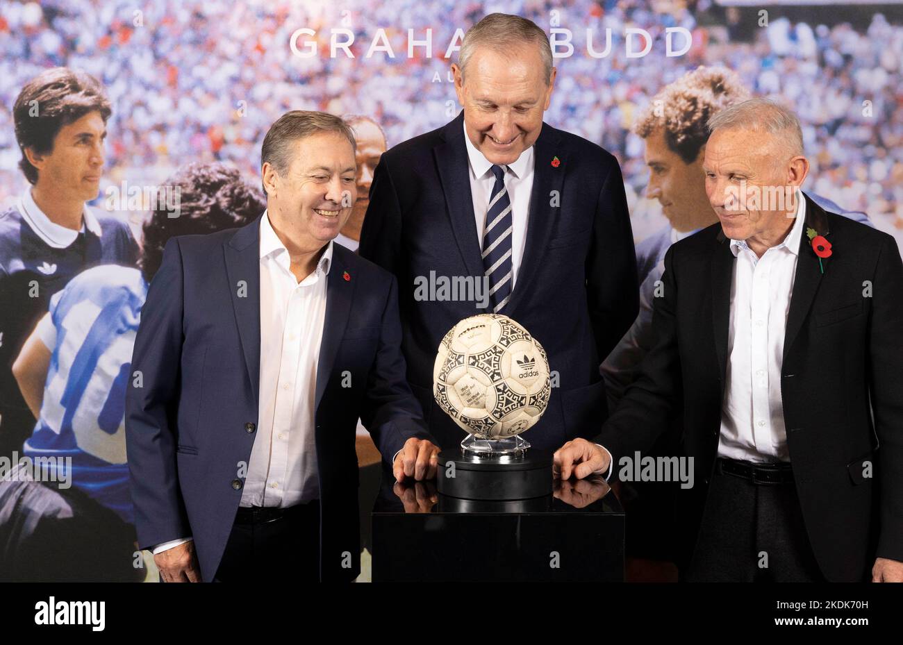 EDITORIAL USE ONLY Former English football players (Left to right ...