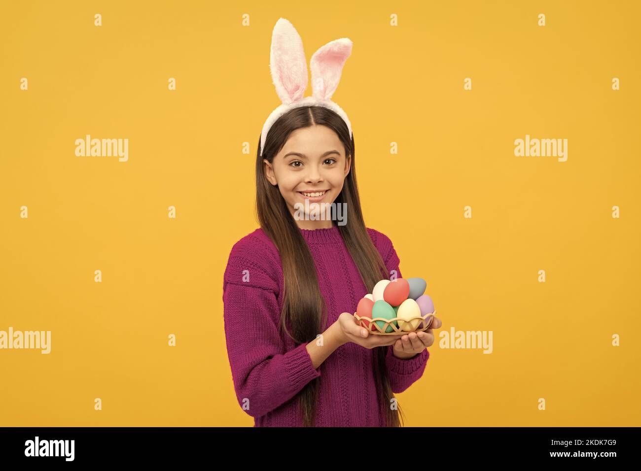 happy easter teen girl in funny bunny ears hold painted eggs, happy ...