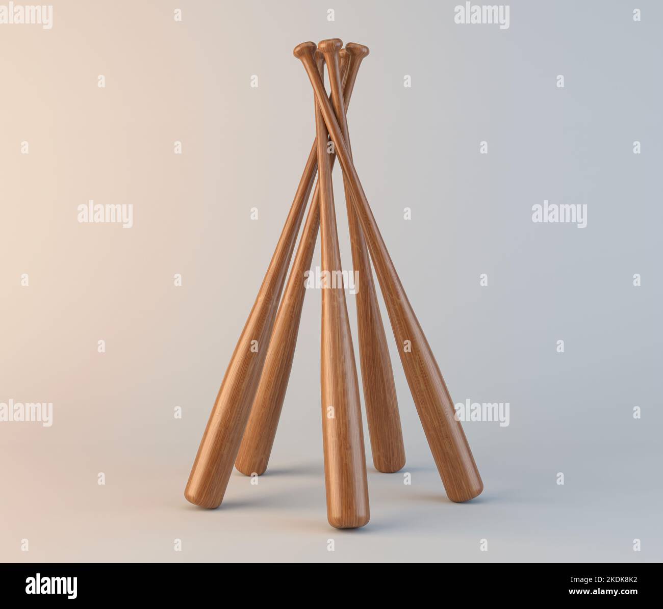 A circular array of wooden baseball bats on an isolated white ...