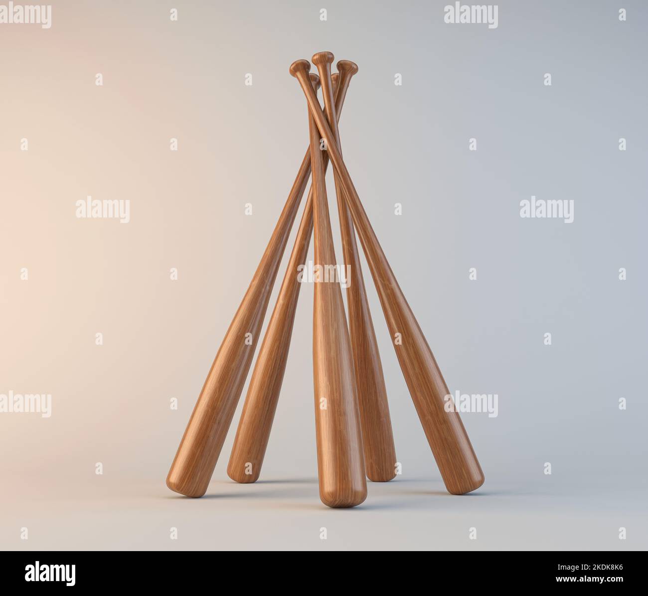 A circular array of wooden baseball bats on an isolated white ...
