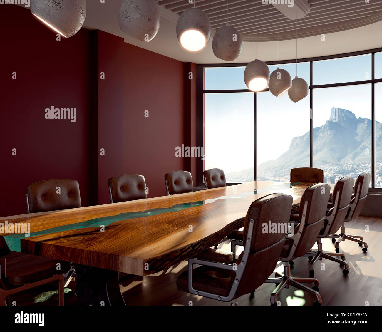 An interior of a boardroom table surounded by leather chairs in a city ...