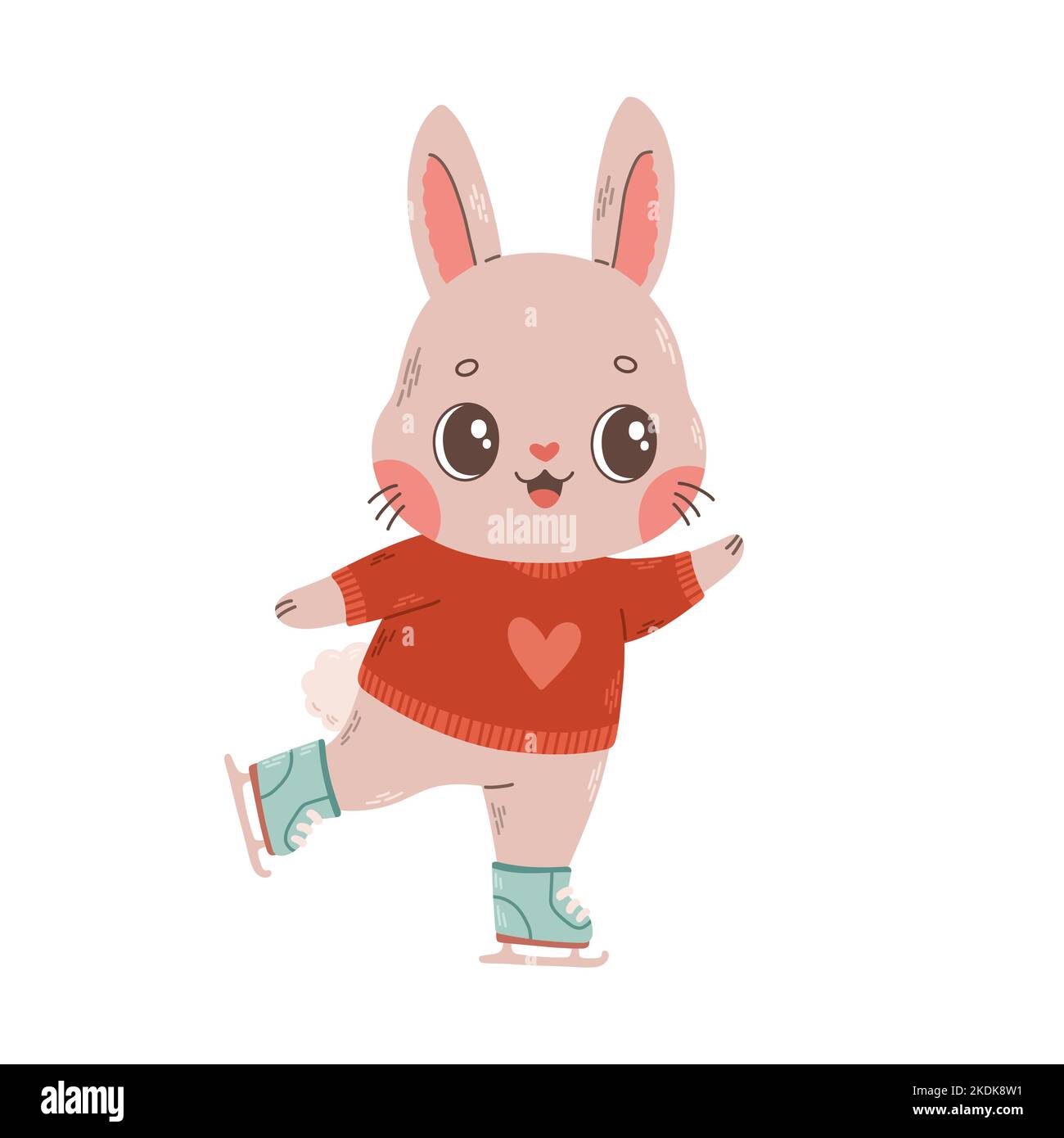 Cute bunny ice skating. Rabbit, hare character. Vector hand drawn ...