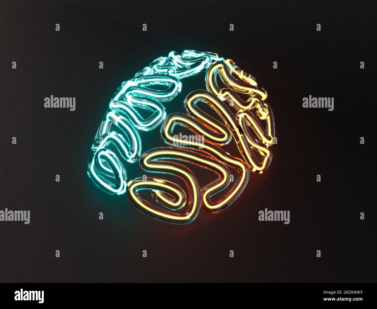 A glass stylized brain illuminated by different color neon florescent ...