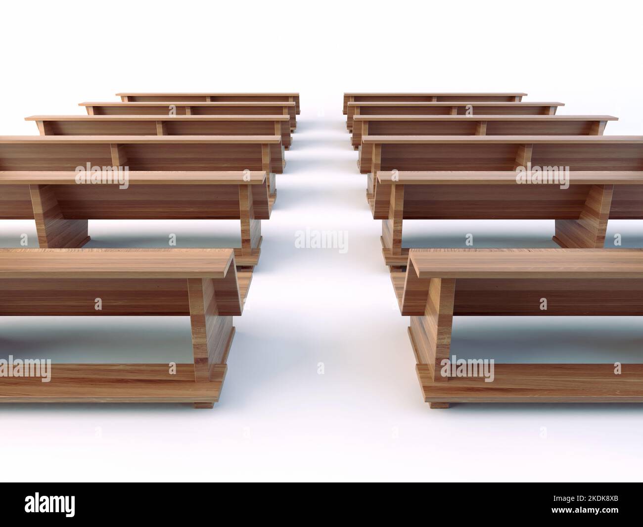 Two rows of wooden church pews on an isolated white background - 3D ...