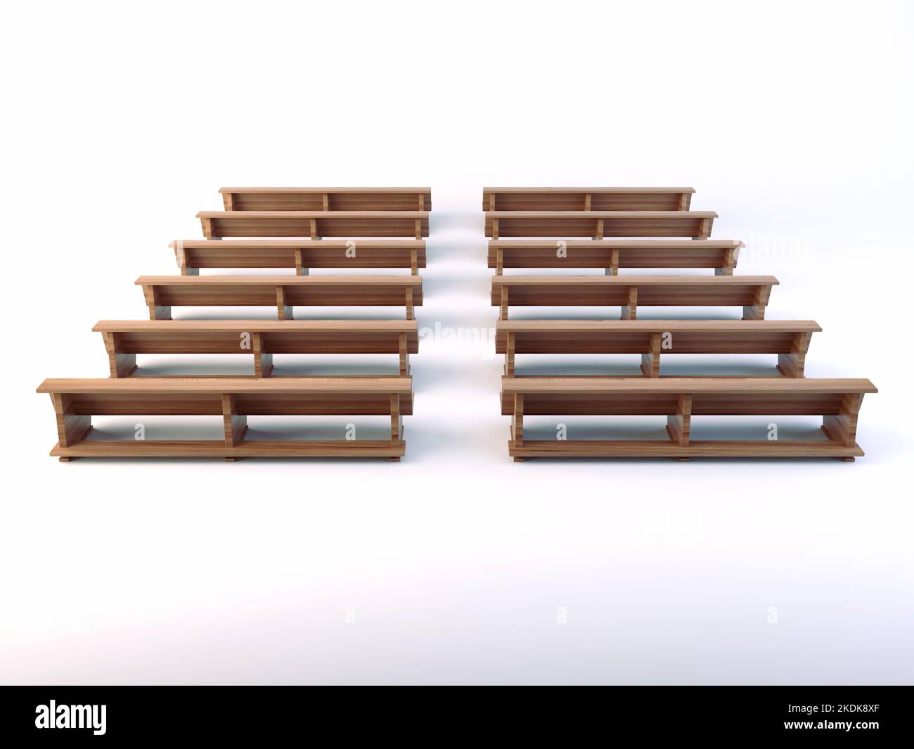 Two rows of wooden church pews on an isolated white background - 3D ...
