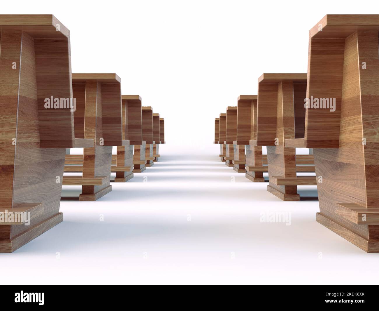 Two rows of wooden church pews on an isolated white background - 3D ...