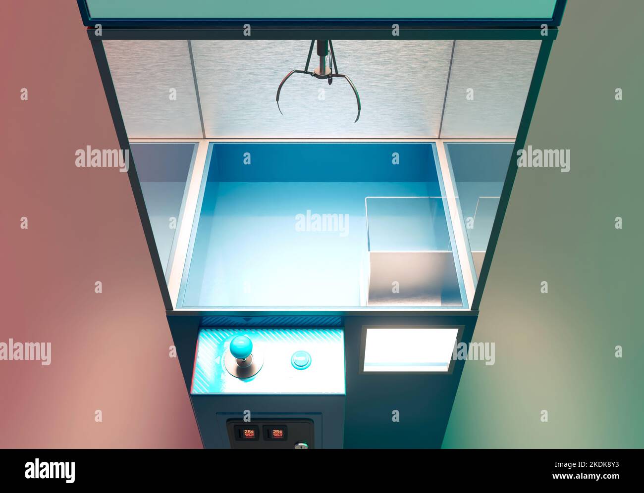 An empty arcade type claw grabber game on an isolated colorful ...