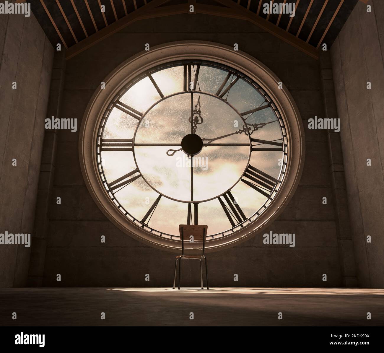 The attic room behind an antique tower clock brightly illuminated by ...