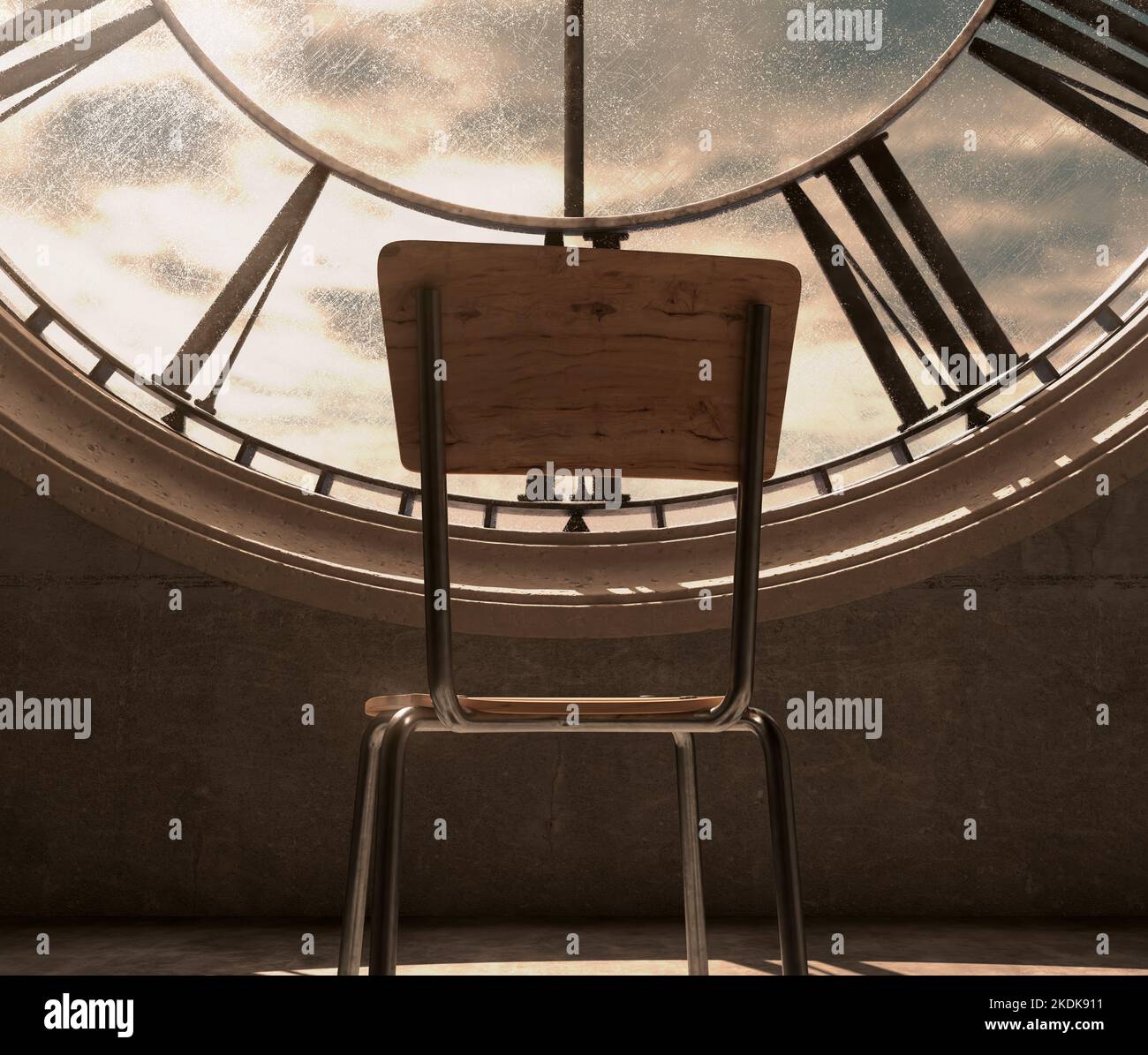 The attic room behind an antique tower clock brightly illuminated by ...