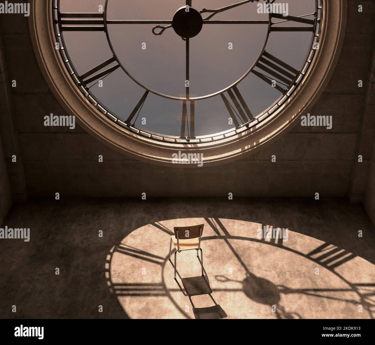 The attic room behind an antique tower clock brightly illuminated by ...